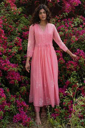 Buy Pink Anarkali: Cotton Muslin Handblock Print Floral V Neck And Pant ...
