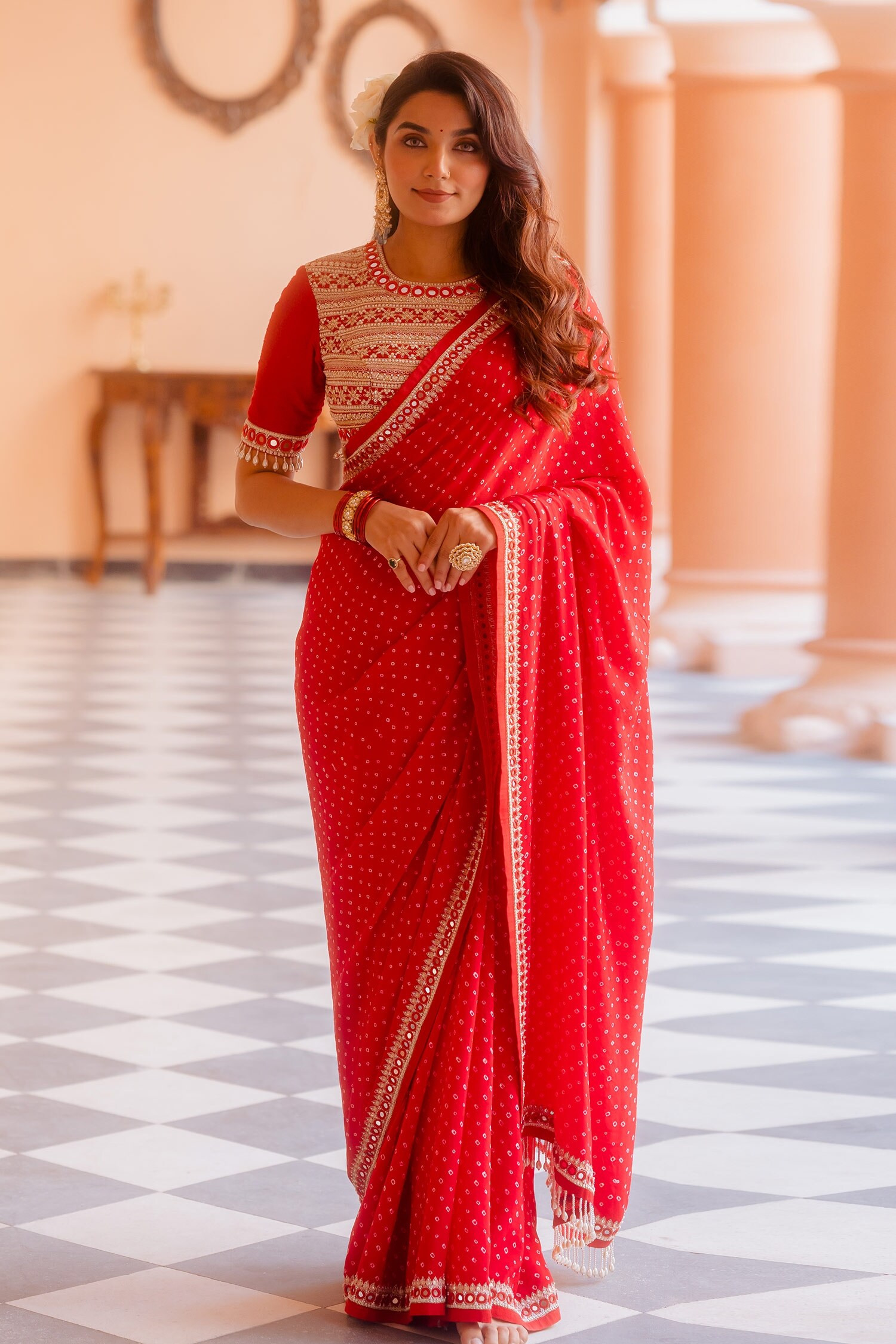 Buy Red Handcrafted Bandhani Silk Embroidery Pattern Saree With Blouse ...