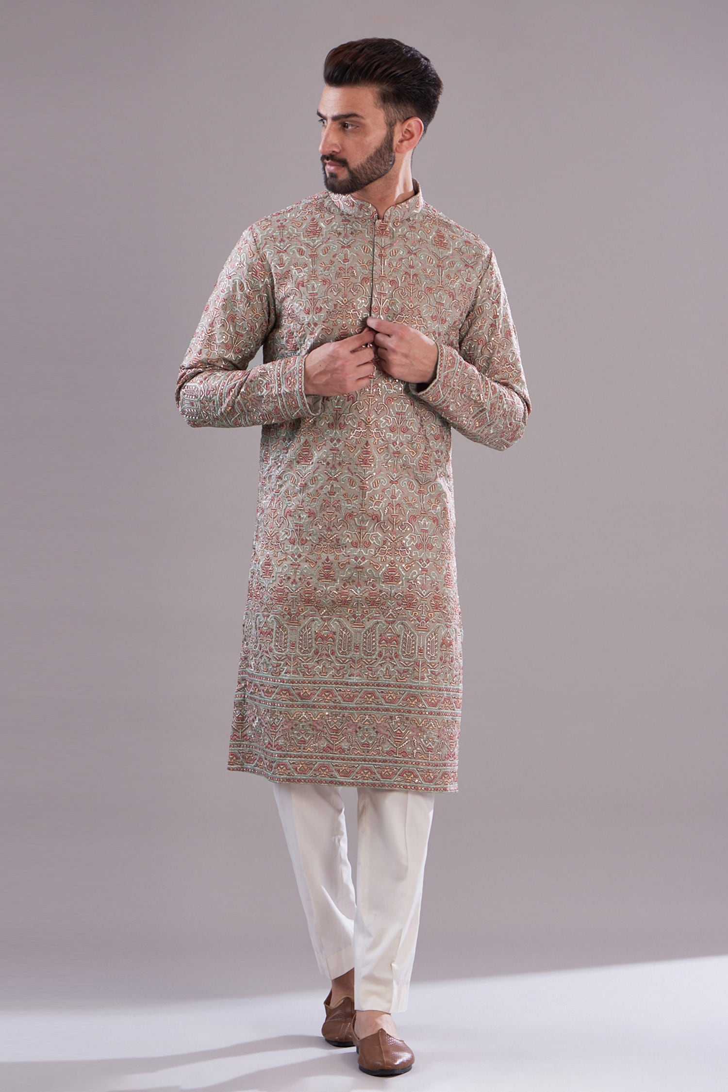 Buy Beige Georgette Embroidered Kashmiri Work Kurta For Men by Kasbah ...