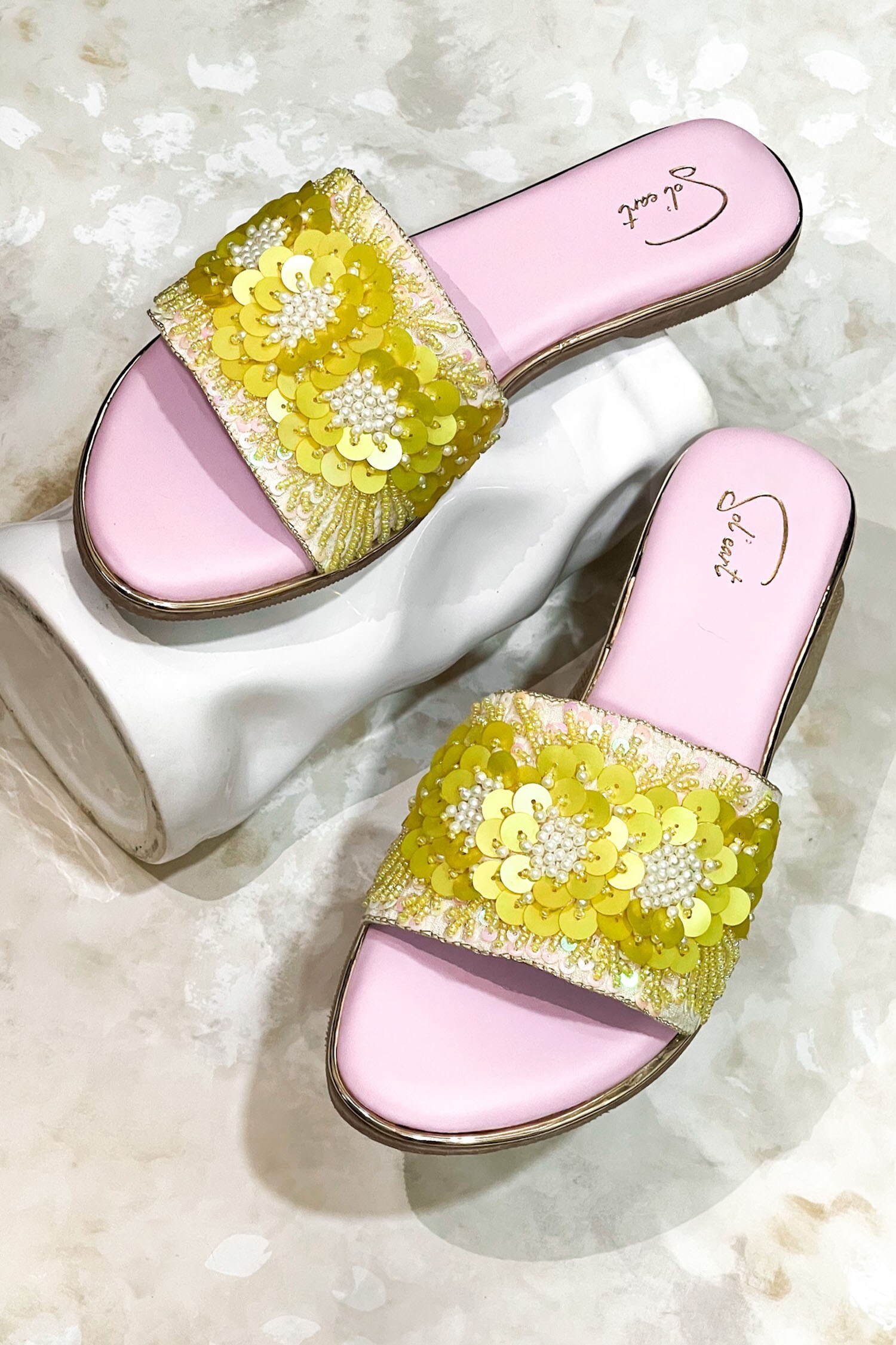 Buy Yellow Hand Embroidered - Floral Canary Sliders by Soleart Online ...