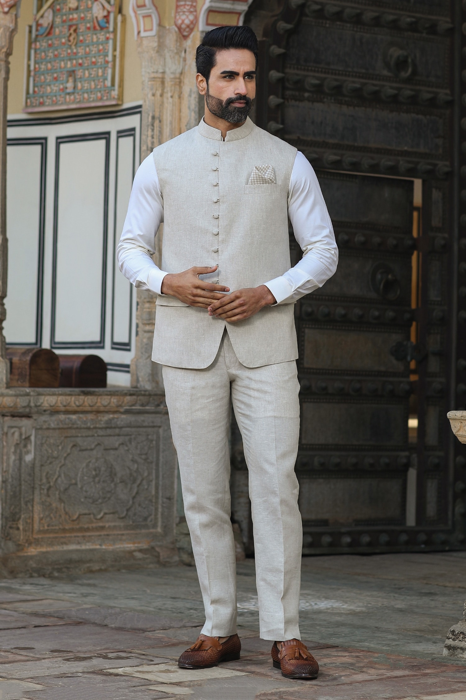 Buy Beige 40 Lea Linen Bundi And Pant Set For Men by Raw & Rustic by ...