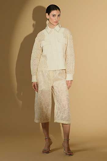 Buy Off White Nylon Embroidered Beads Collared Neck Jacket And Culottes ...