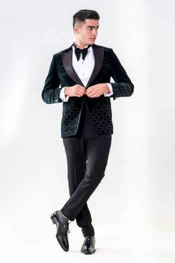 Buy Green Velvet Embroidery Thread Geometric Pattern Tuxedo Set For Men ...