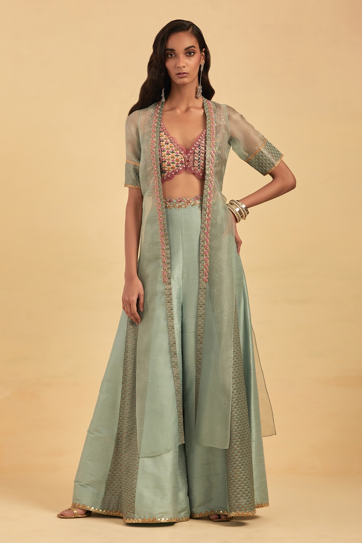Buy Blue Silk Embroidery Zari V Neck Placement Cape Palazzo Set For ...