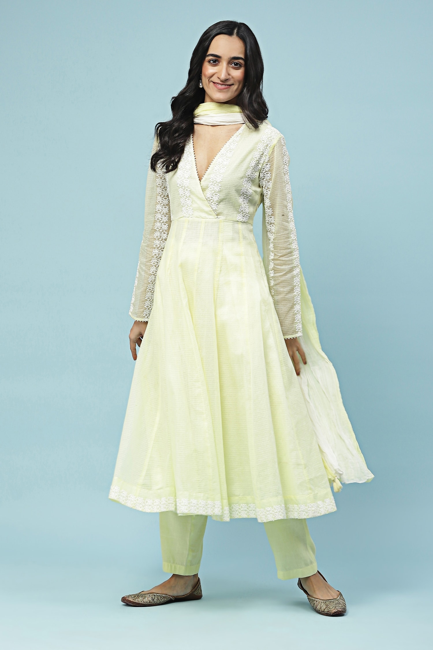 Buy Aarke Ritu Kumar Yellow Viscose Floral Embroidered Anarkali Set ...