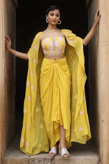 Buy Nitisha Kashyap Official Yellow Uppada Silk Bead Embroidered Cape ...