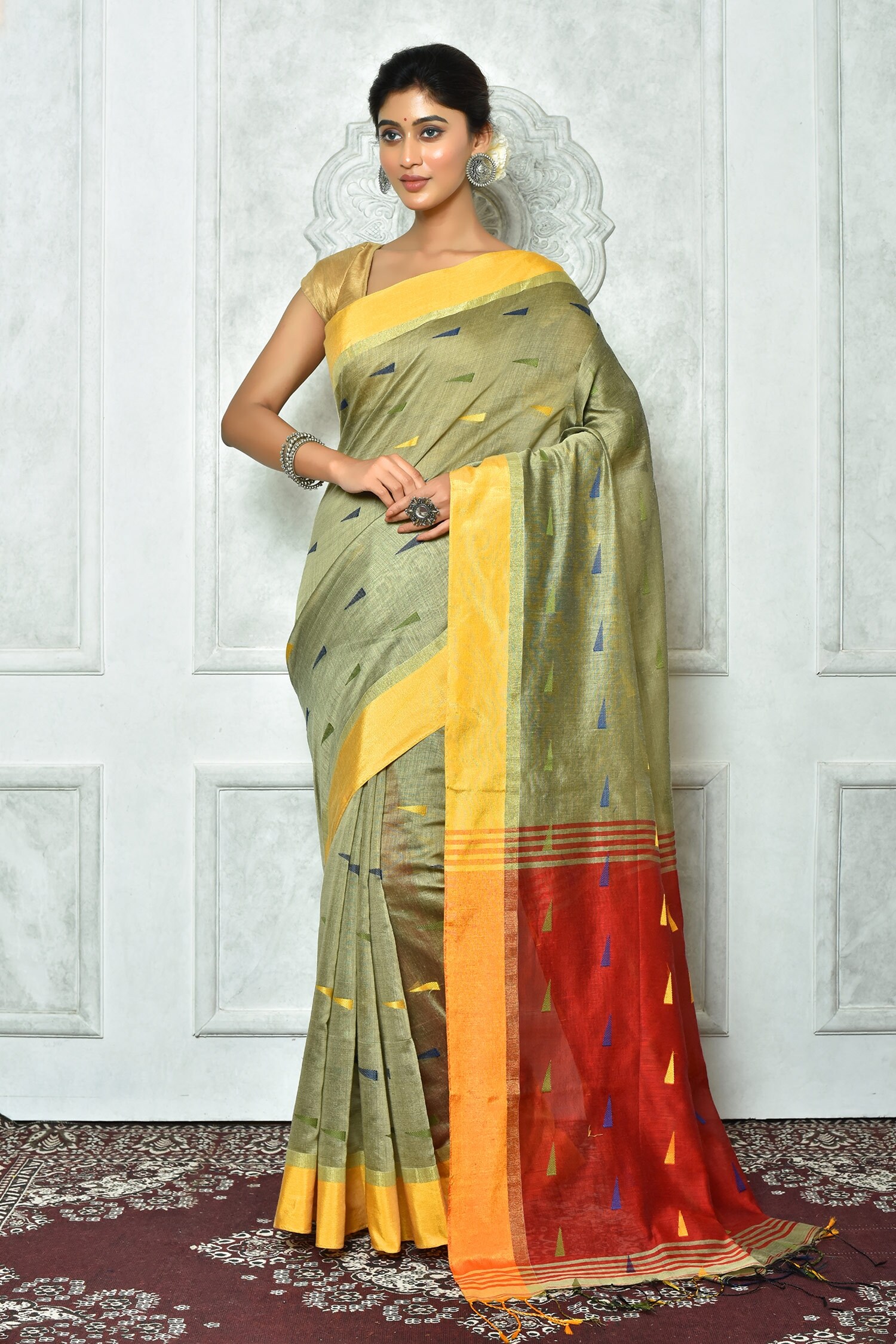 Buy Beige Blended Cotton Woven Geometric Pattern Saree For Women by ...