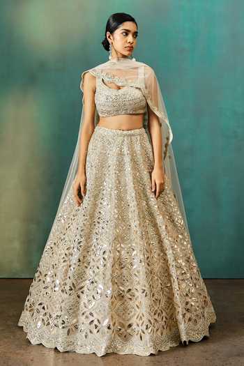 Buy Beige Soft Organza Embroidery Foil Scoop Neck Zari Lehenga Set For ...
