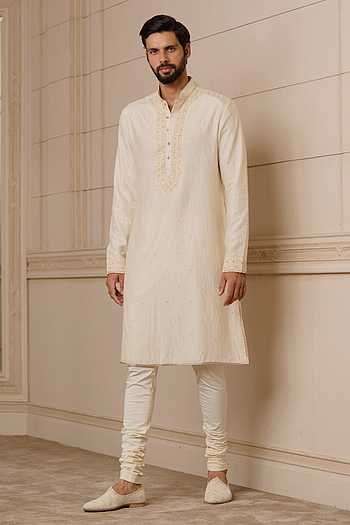 Buy Ivory Churidar: Stretch Poplin; Kurta: Spun Silk Embroidered And ...