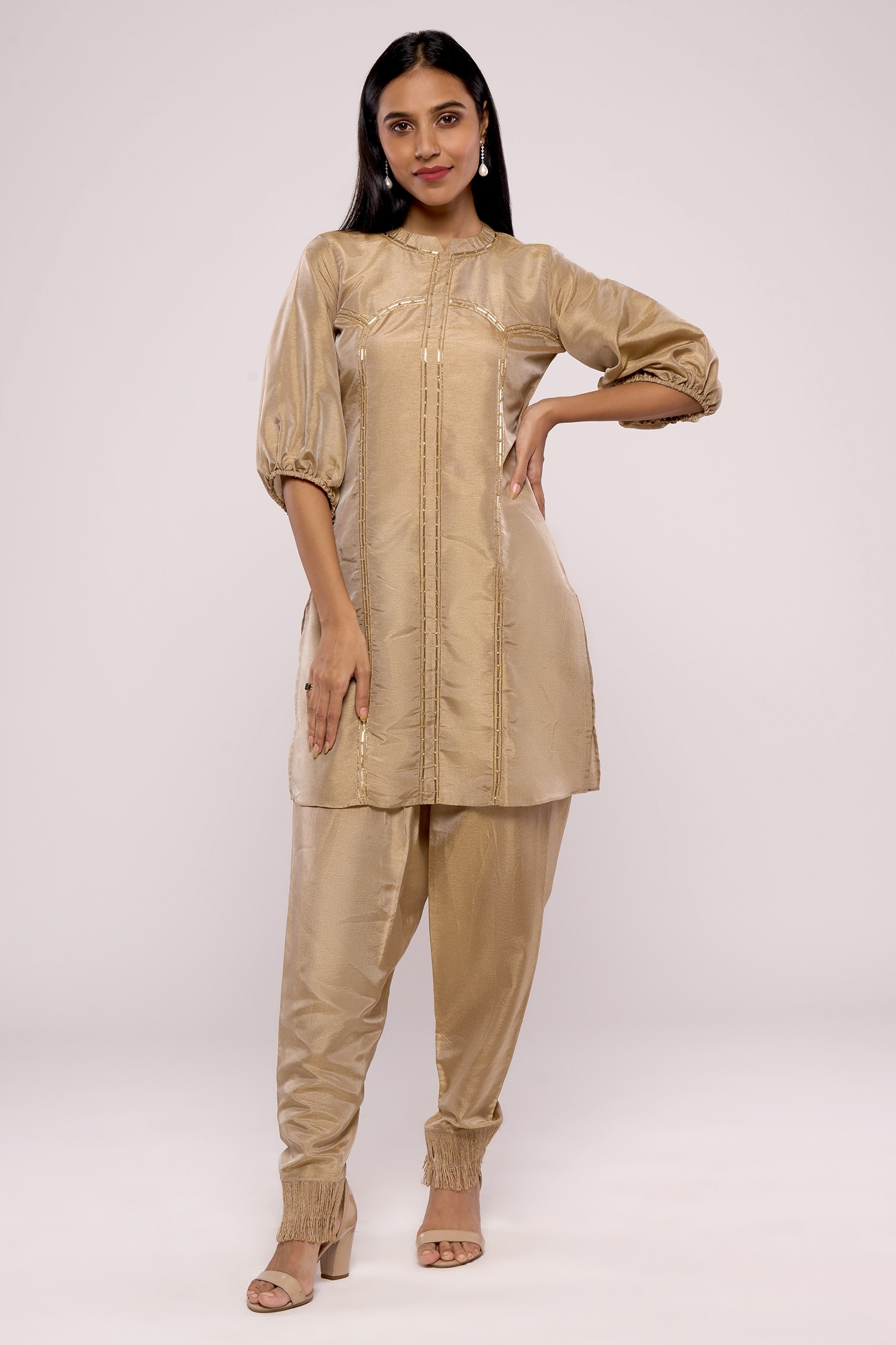 Buy MAYU KOTHARI Gold Satin Modal Jute Hand Embroidered Patiala Pant ...