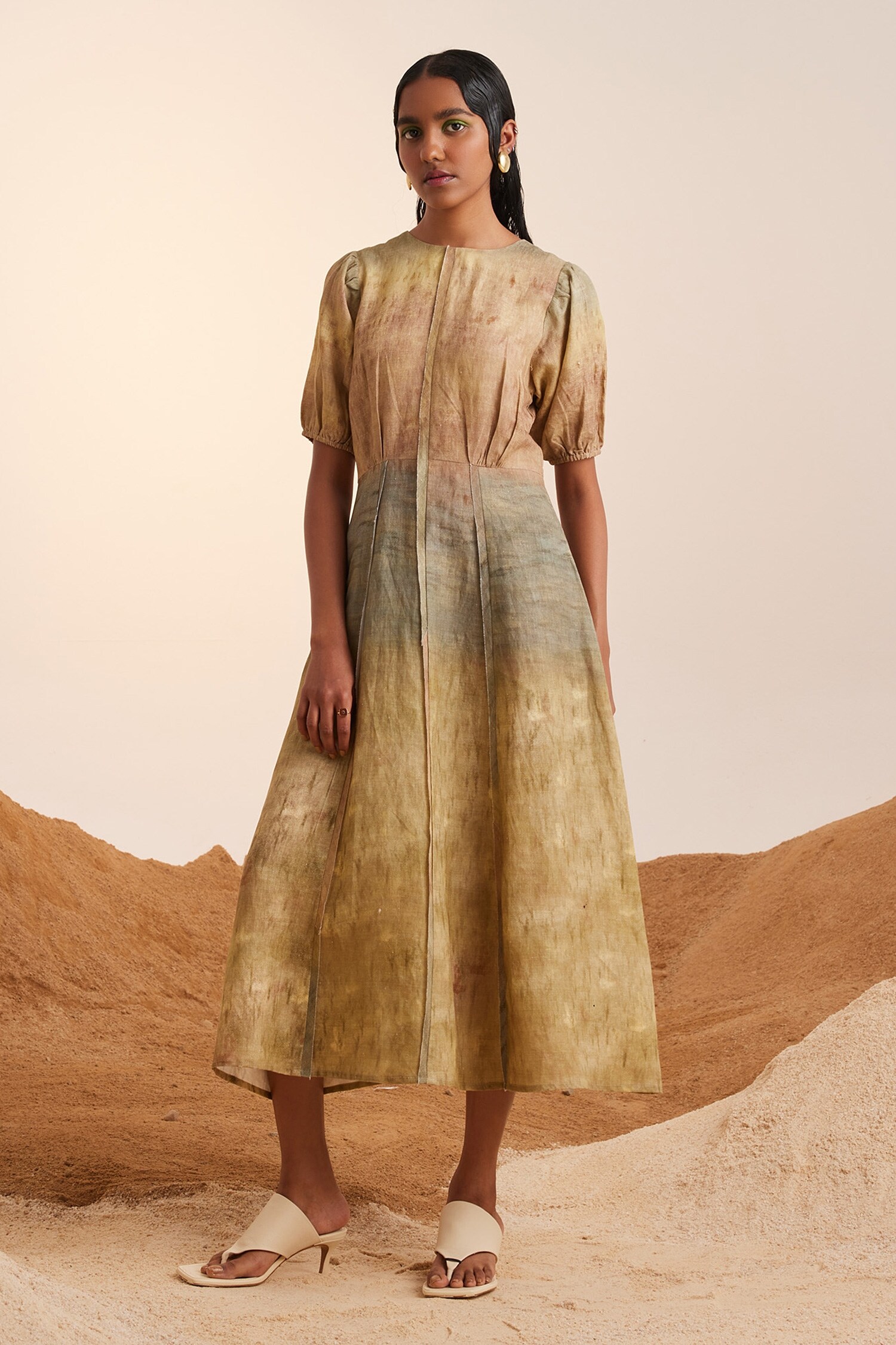 Buy Beige Linen Printed Impression Round Panelled Dress For Women by ...