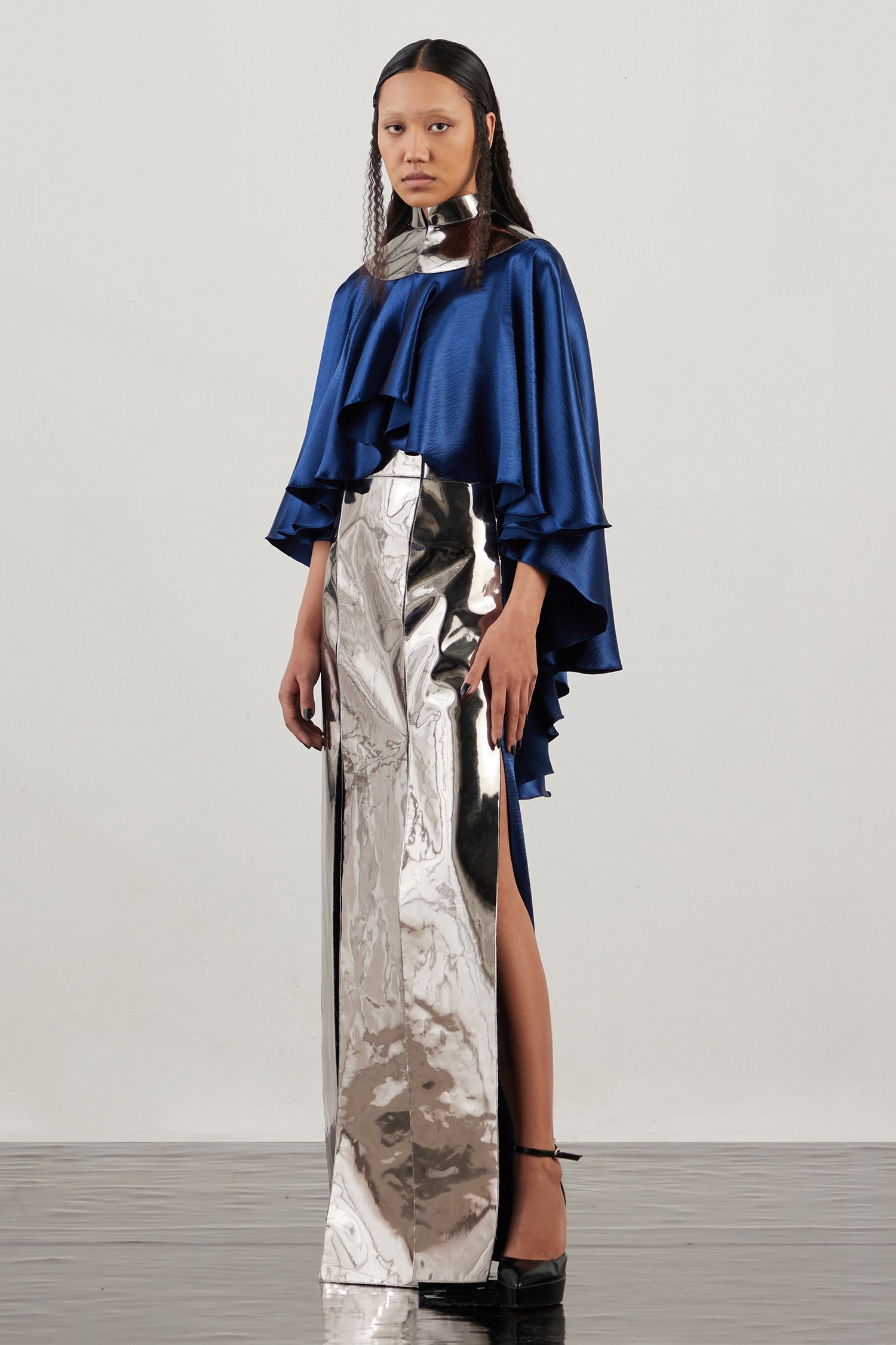 Buy Silver Textured Satin (90% Polyester 10% Elastane) + Slit Gown With ...