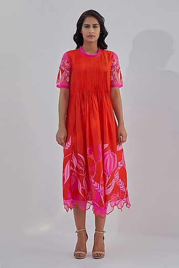 Buy Red Silk Pomegranate Round Radiant Pomo Pattern Tunic For Women by ...