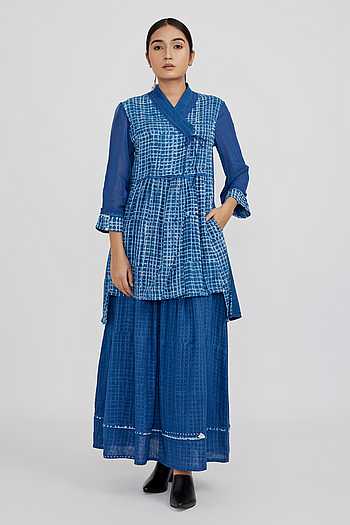 Buy Blue Cotton Handblock Print Checkered High Low Tunic And Skirt Set ...
