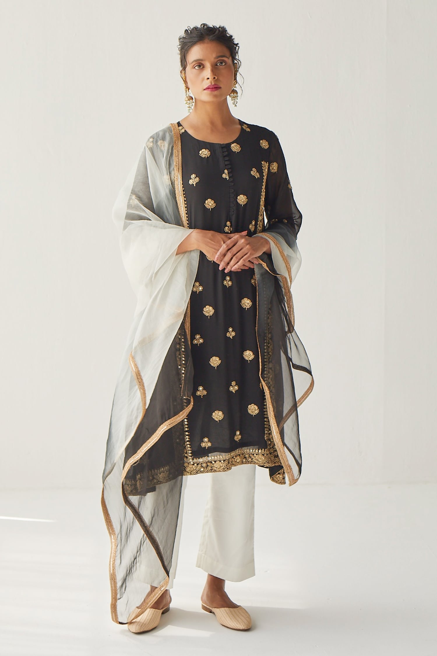 Buy Black Kurta: Georgette Embroidered Dabka Work Round Set For Women ...