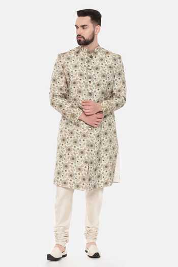 Buy Beige Muslin Print Floral Bloom Sherwani With Churidar For Men by ...