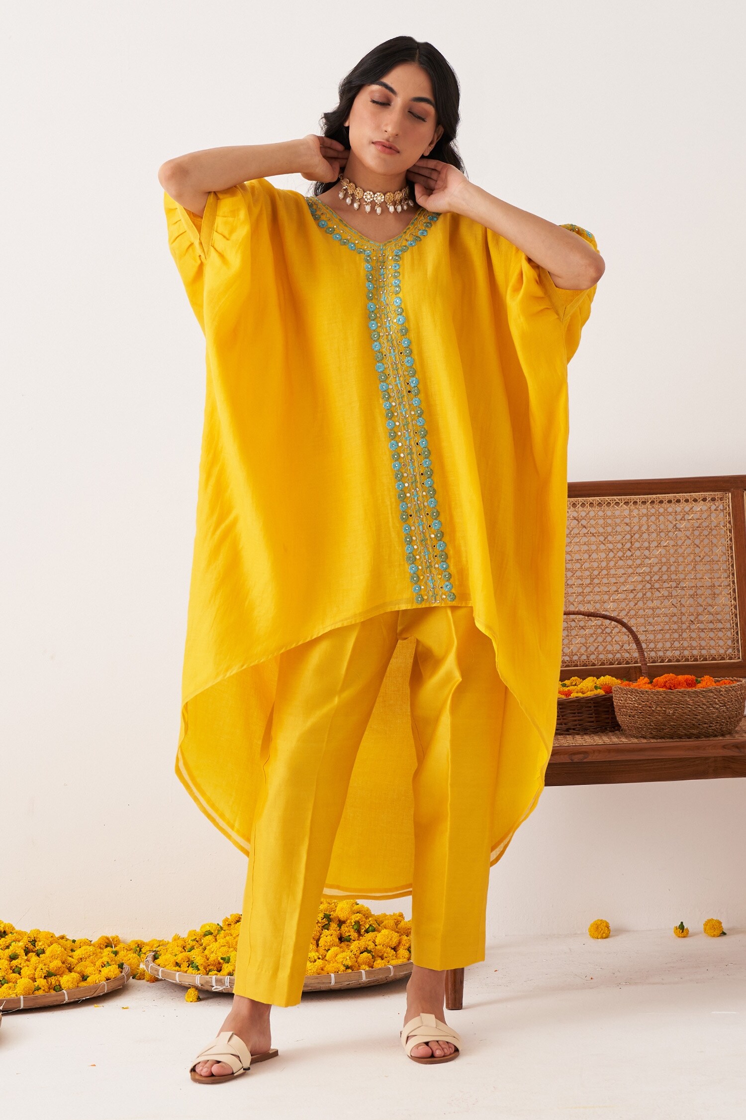 Buy Yellow Mal Chanderi Embroidered Floral V Neck Shia Kaftan And Pant ...