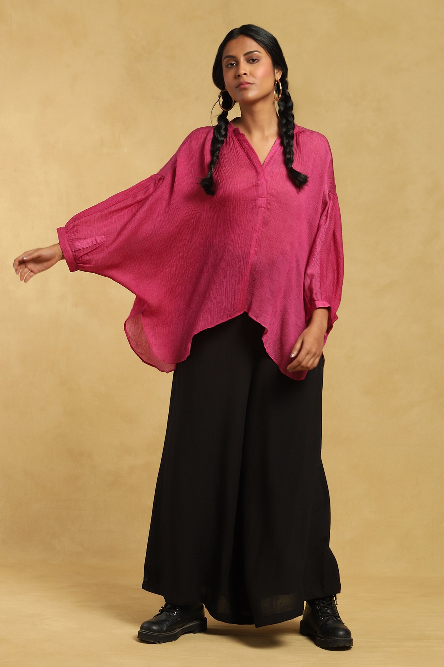 Buy Ritu Kumar Pink Crimp Satin Short Kurti Online | Aza Fashions