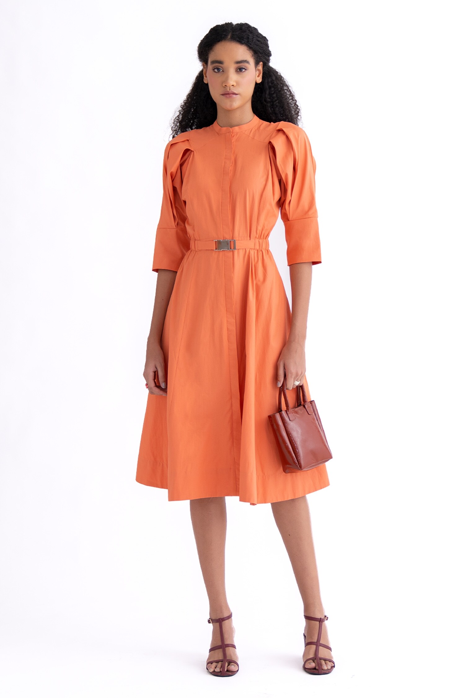 Buy Coral Cotton Poplin Plain Mandarin Collar Darcie Pleated Shirt Dress For Women by Notebook ...