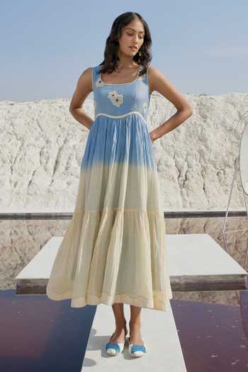 Buy The Loom Art Blue Handwoven Chanderi Silk Two Tier Dress Online ...