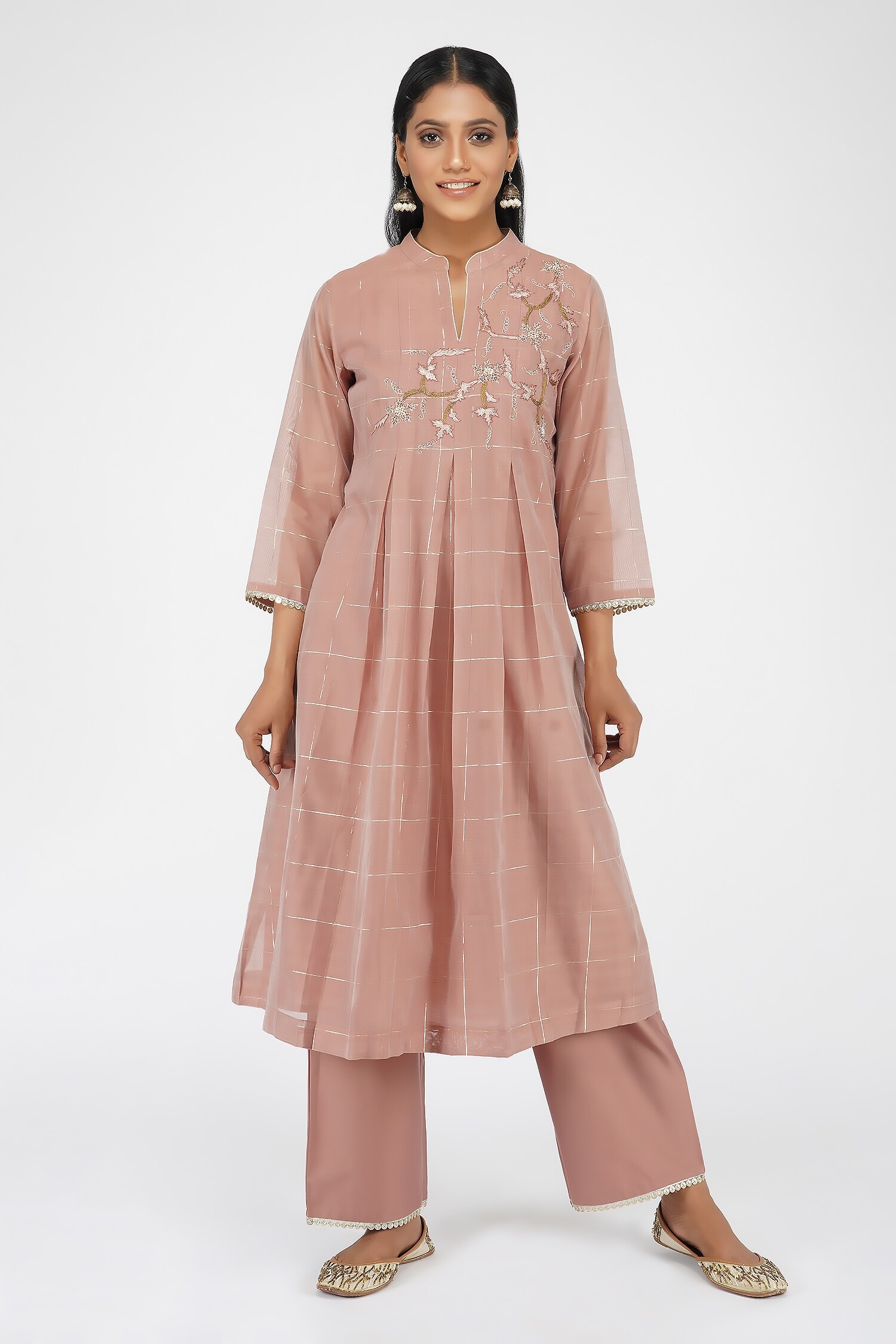 Buy Pink Chanderi Hand Embroidery Flower Mandarin Chequered Pattern ...