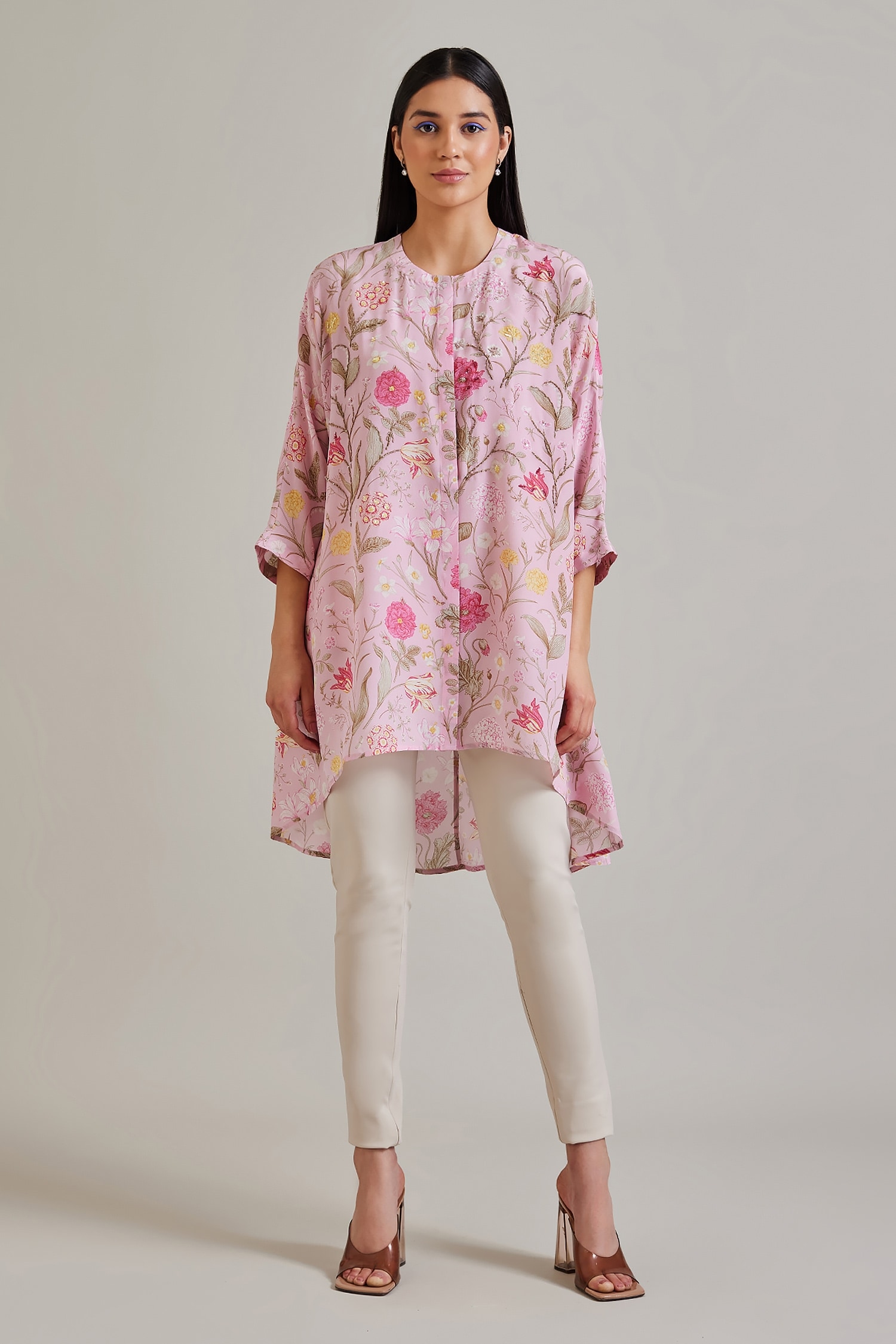 Buy Pink Silk Crepe Floral Patterns Round Torres Flower High Low Tunic