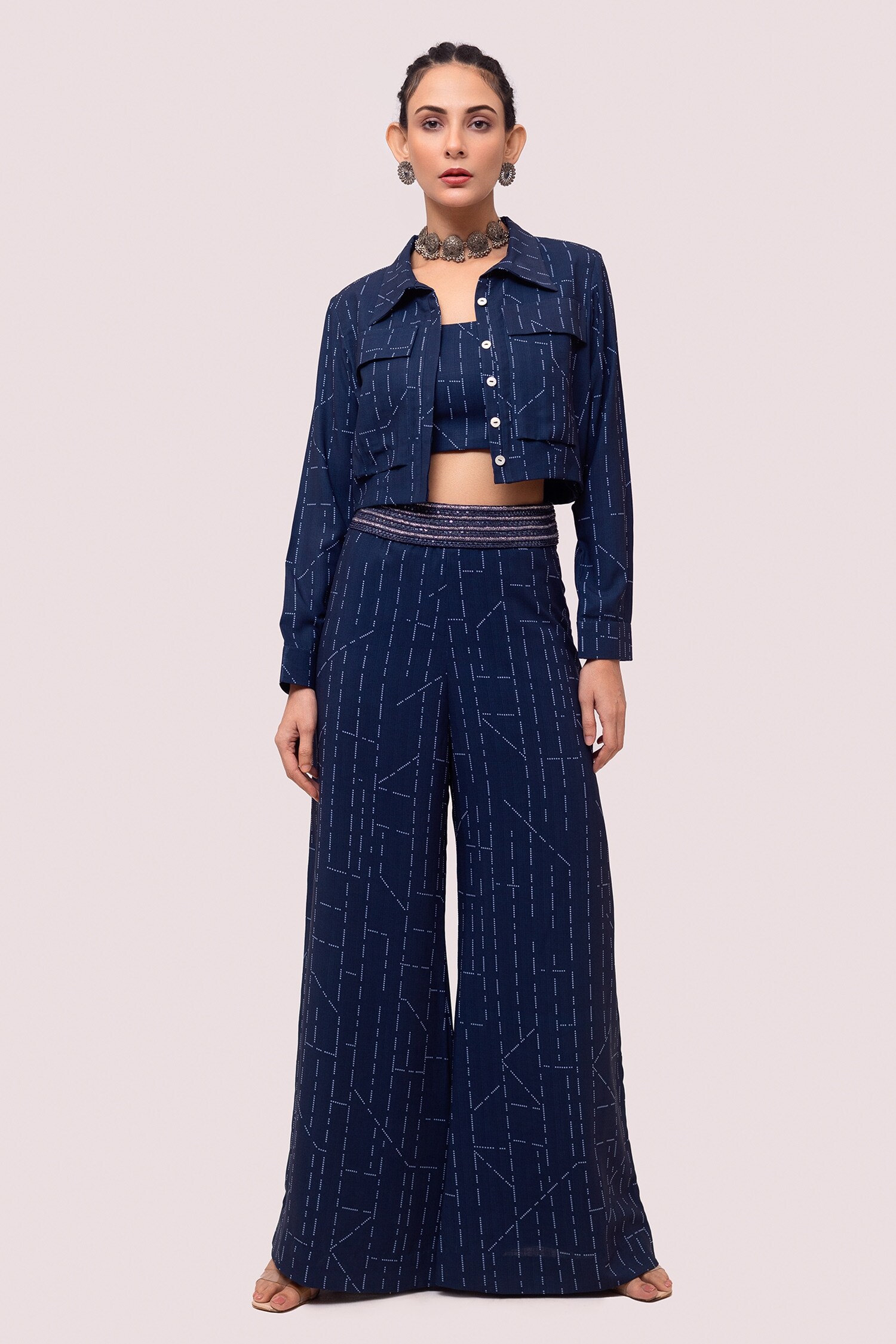 Buy Blue Tussar Print Geometric Collared Neck Line Cropped Shirt Pant ...