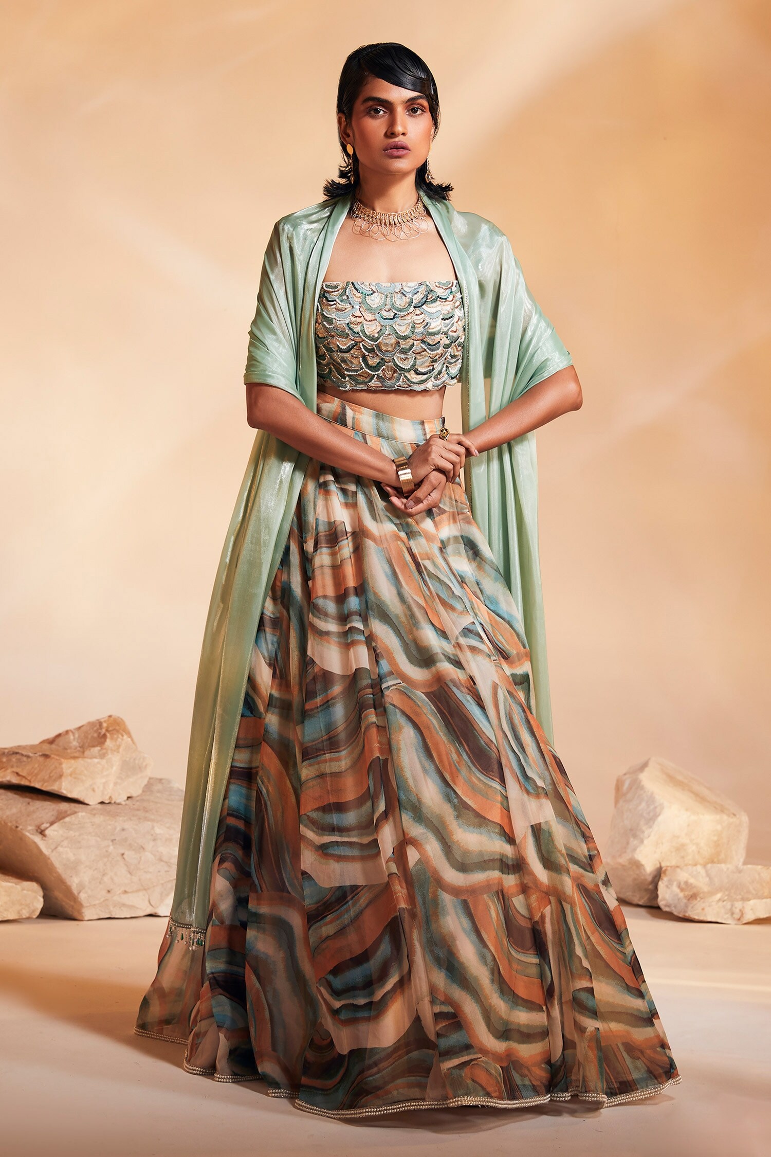 Buy Divya Aggarwal Multi Color Organza Emery Abstract Print Lehenga Set ...