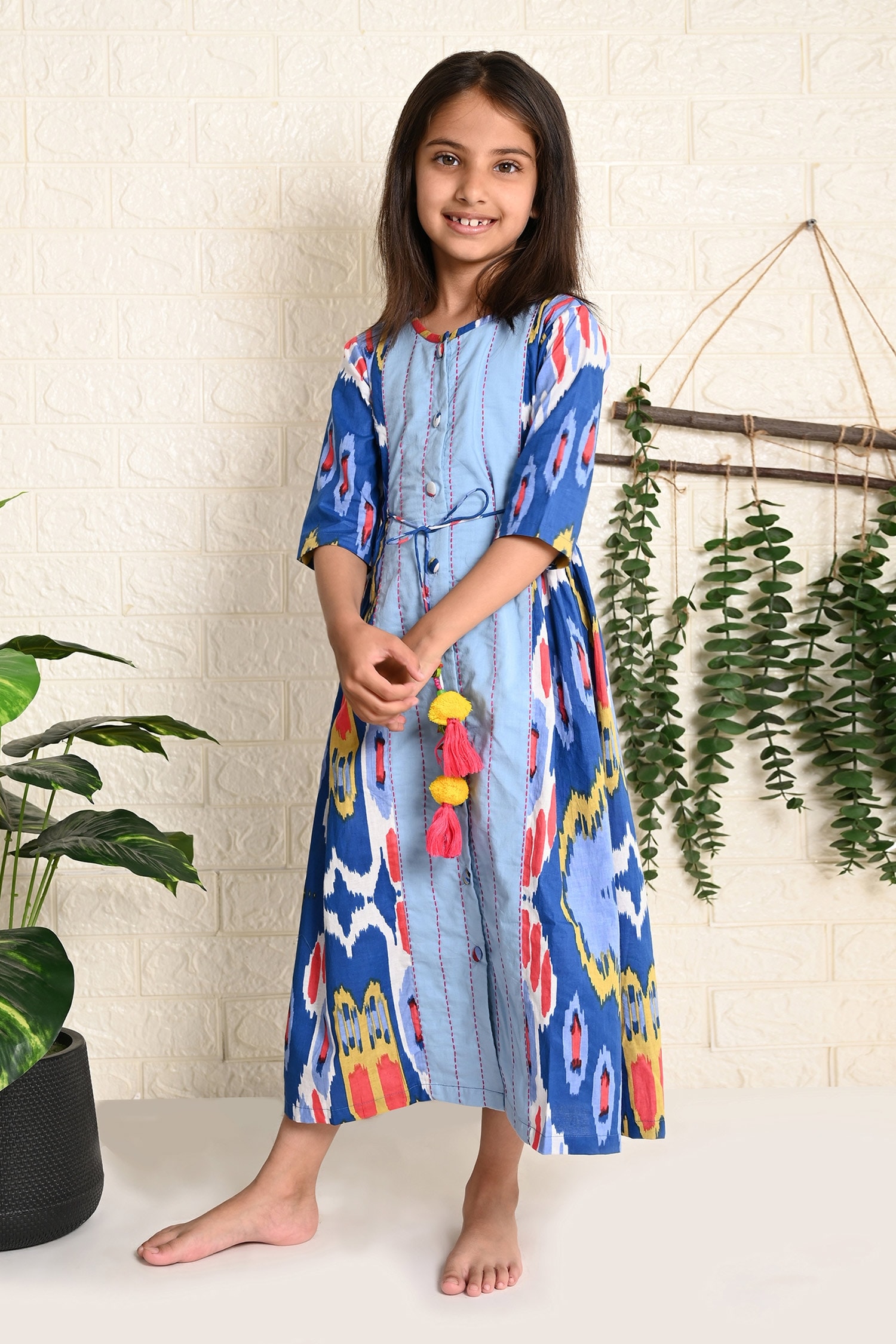 Buy Blue Cotton Printed Ikat Whimsy Long Dress For Girls by THE COTTON ...