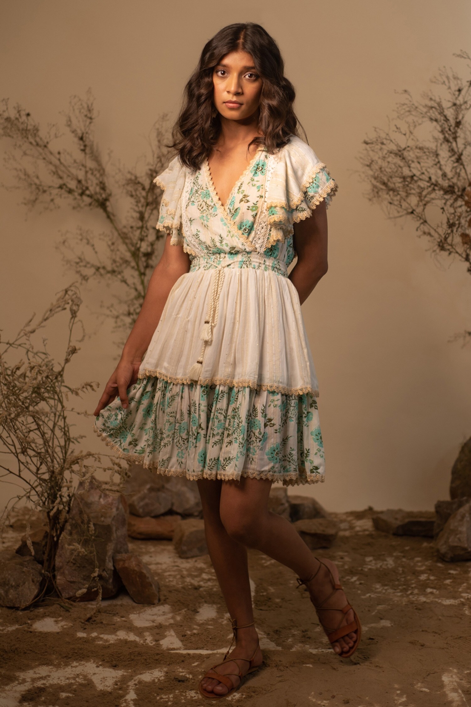 Buy Label Reyya White Rayon Lurex Botanical Print Dress Online | Aza ...