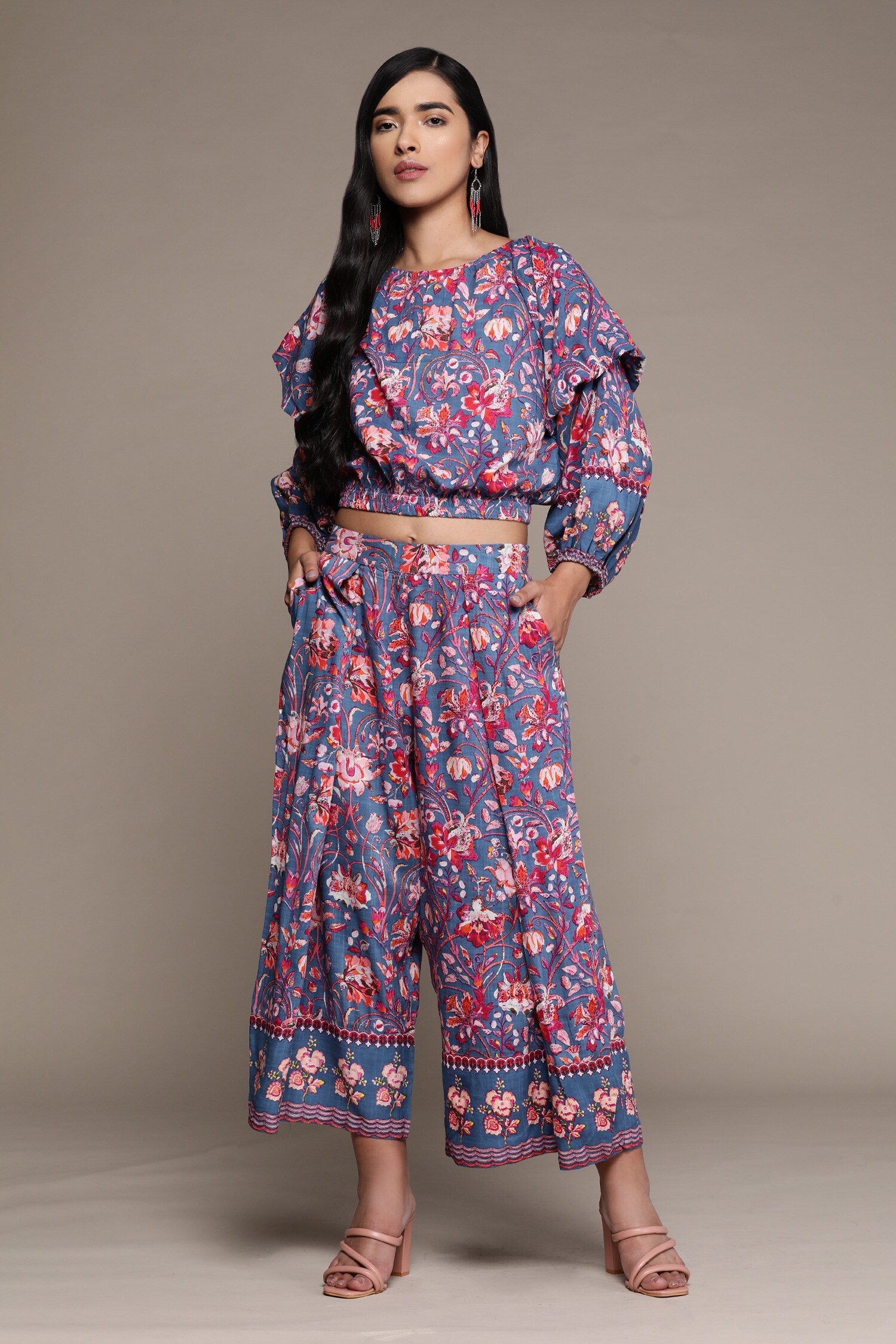 Buy Blue Rayon Floral Round Crop Top And Pant Set For Women by Aarke ...