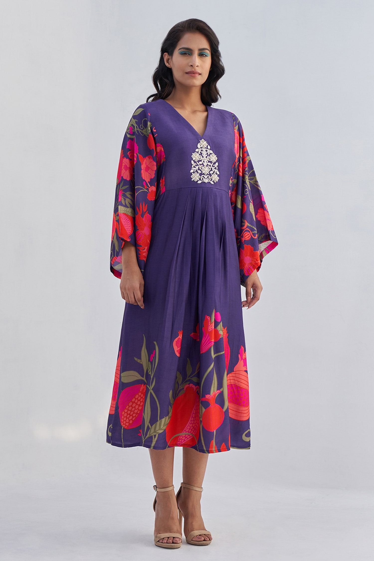 Buy Purple Silk Embroidery Pomegranate V Neck Conte Kimono Tunic For ...