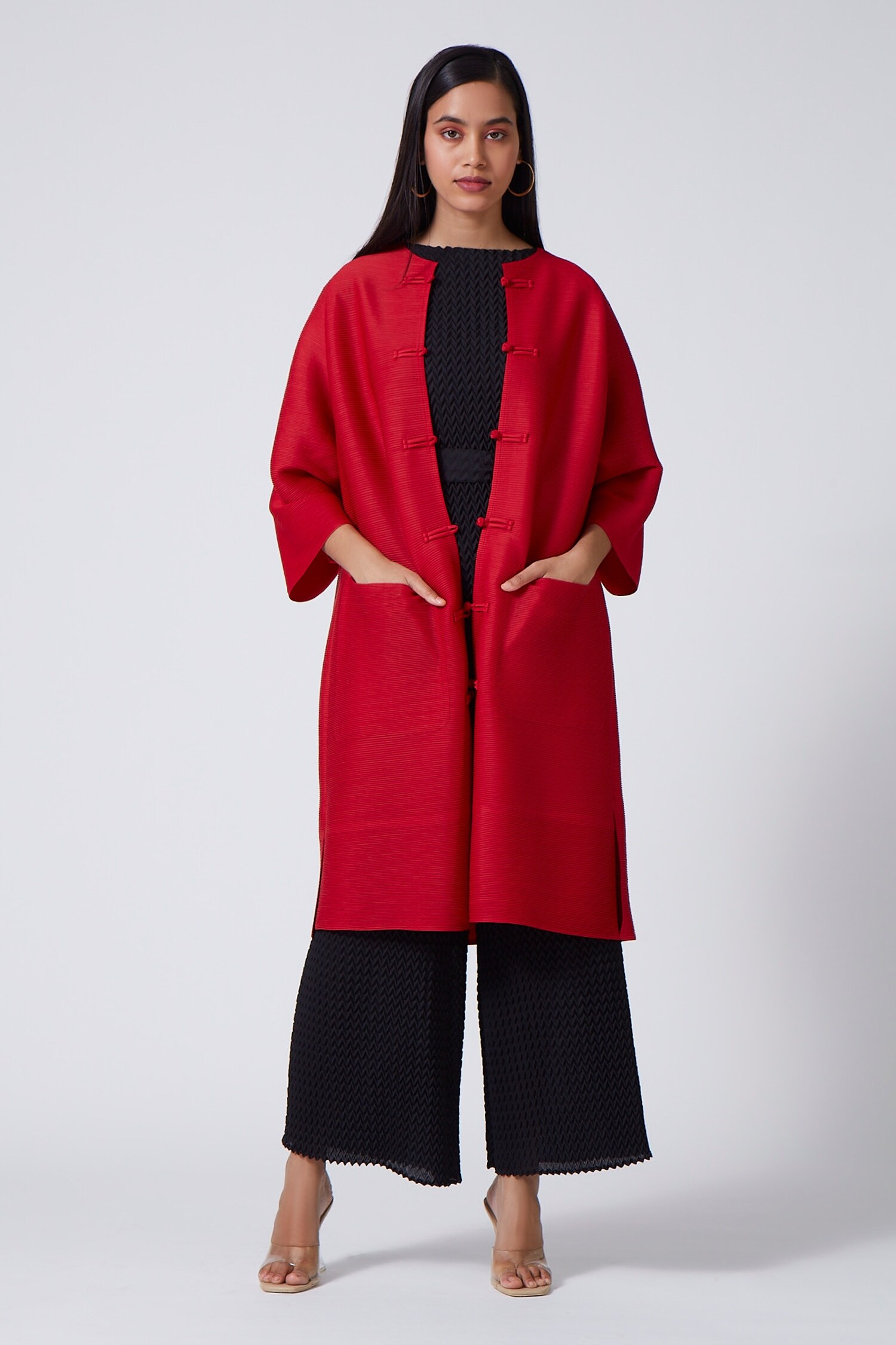 Buy Red 100% Polyester Plain Open Amber Double Layer Overlay For Women ...