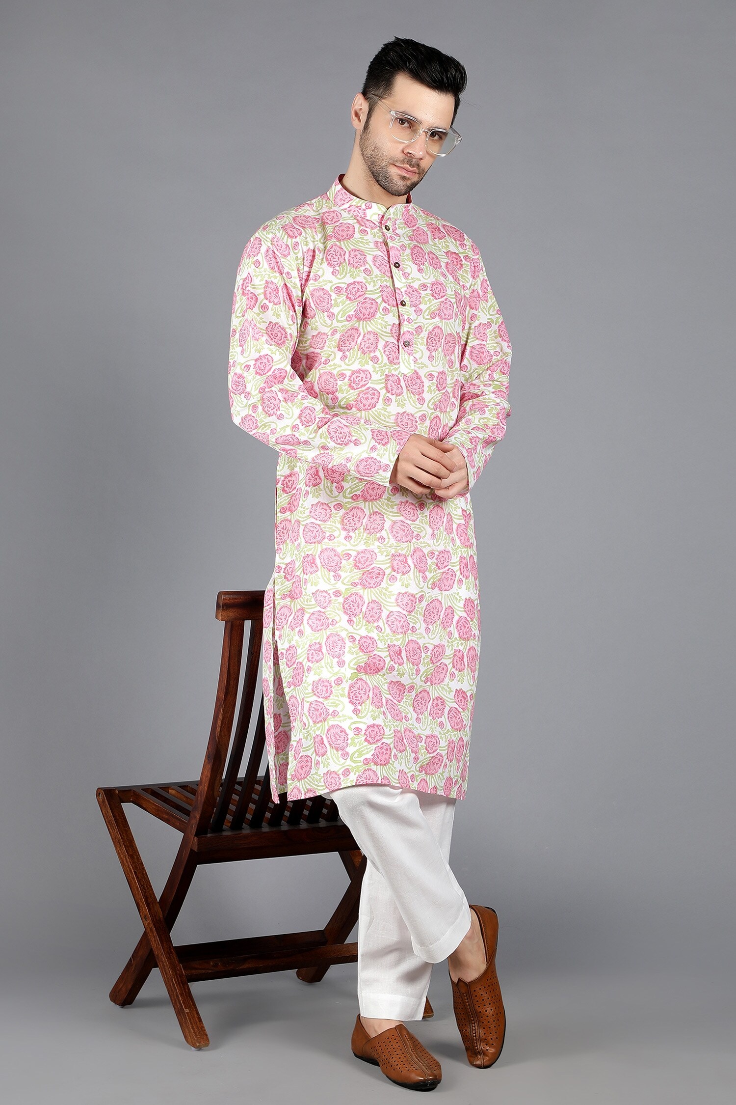 Buy Pink Cotton Handblock Print Floral Sirius Hand Kurta For Men by ...