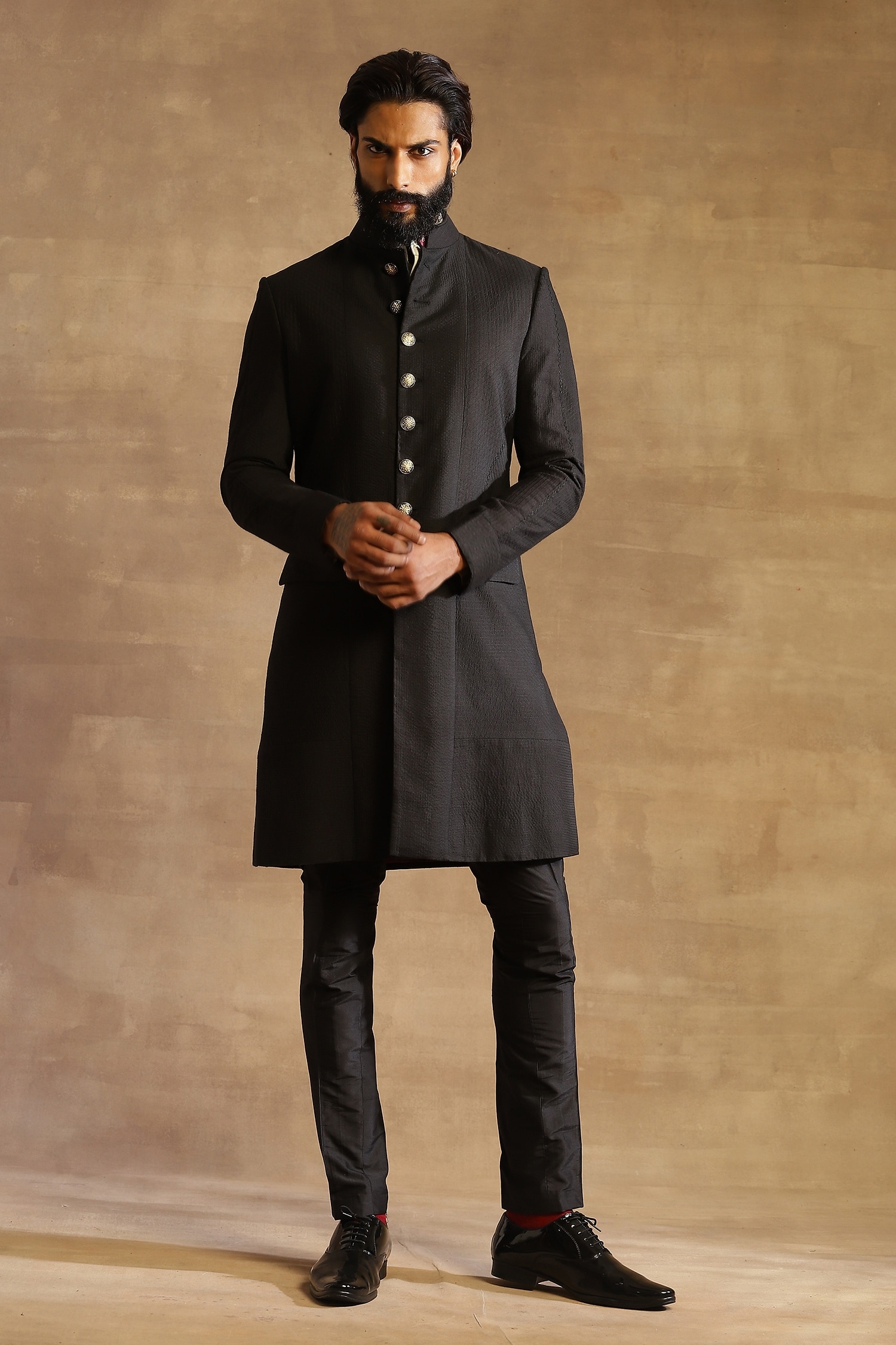 Buy Black Silk Embroidered Stitch Line Slim Fit Achkan For Men by ...