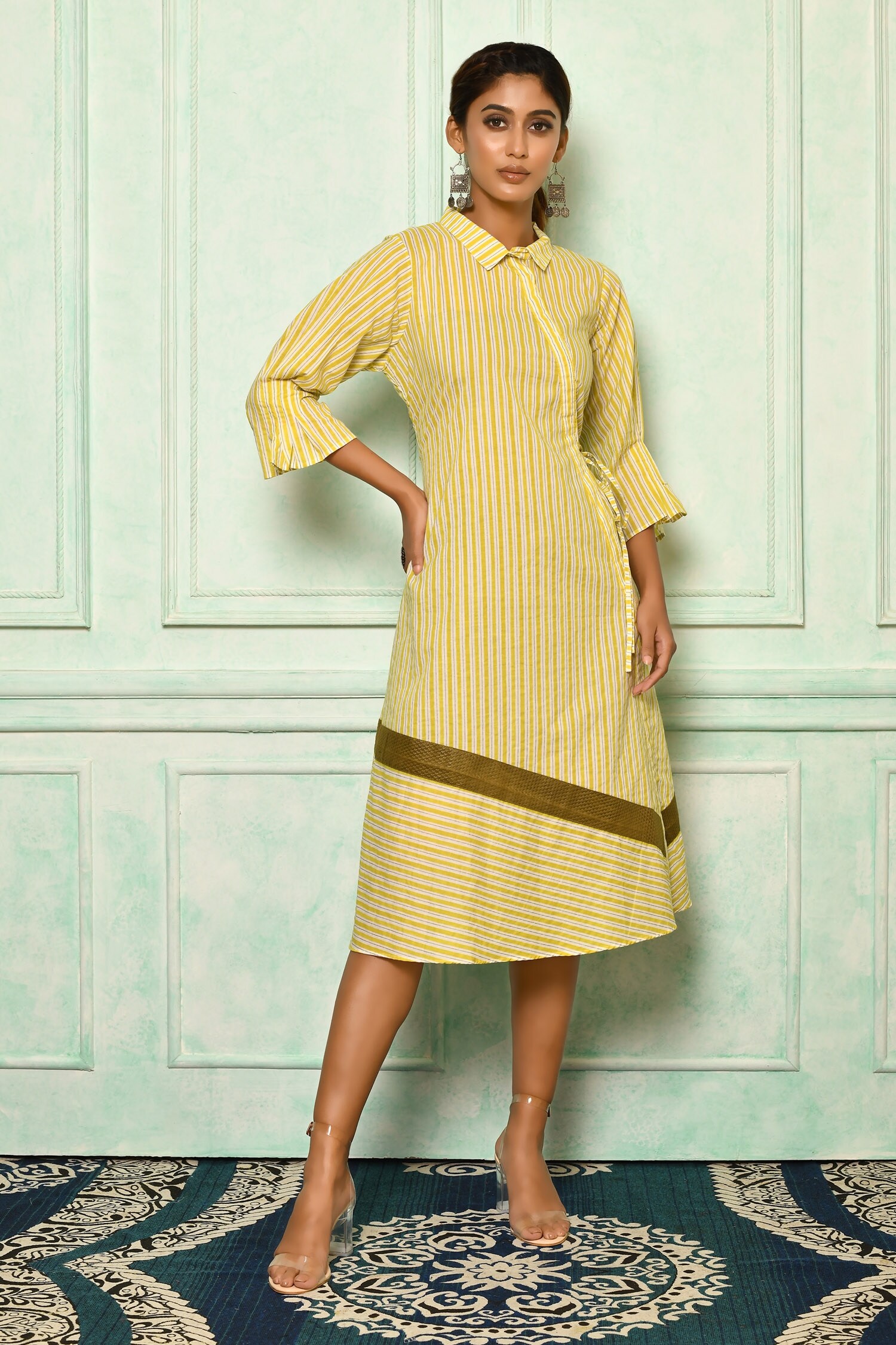 Buy Green Cotton Collared Neck Pattern Tunic For Women by Aryavir ...