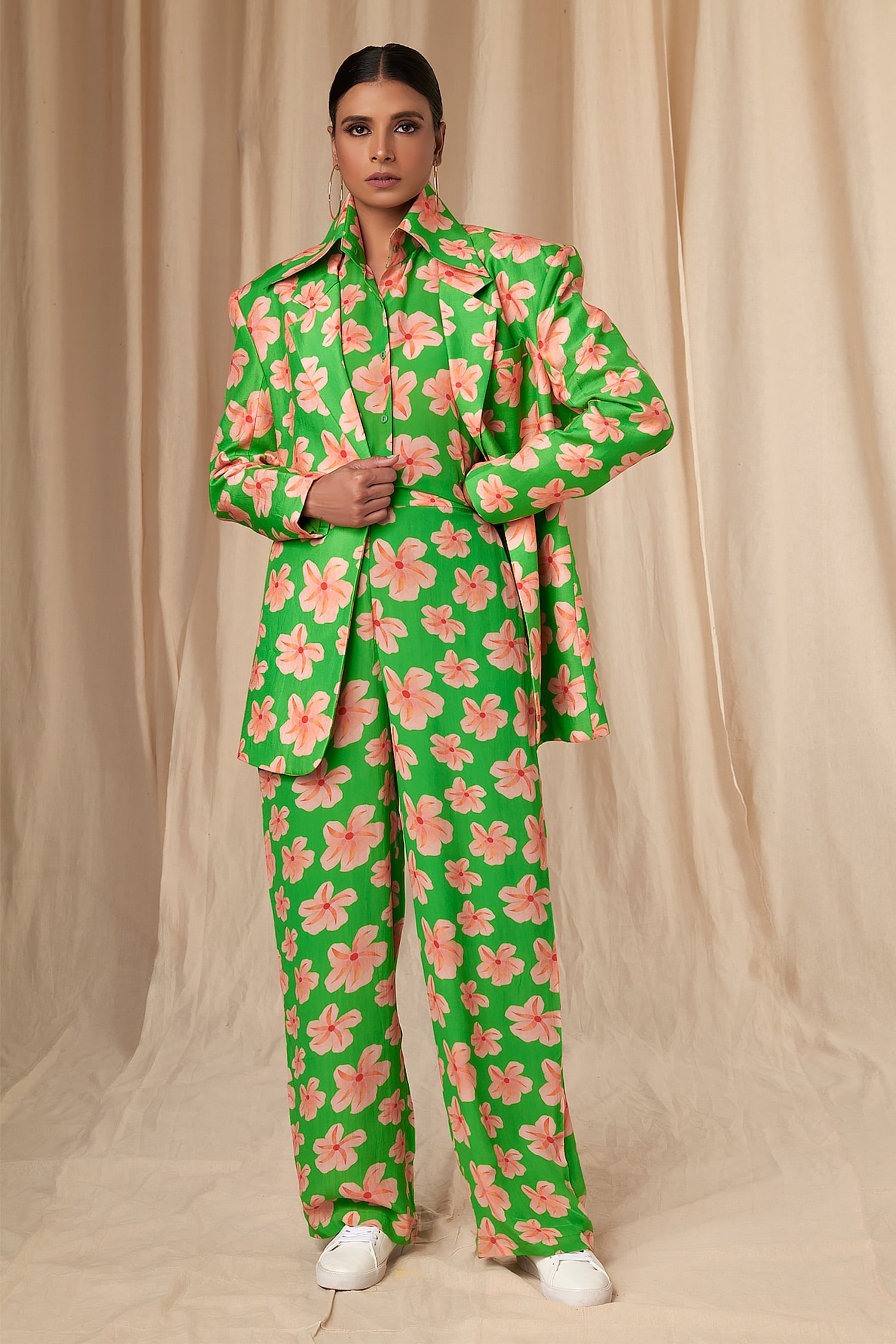 Buy Masaba Green Blazer- Bemberg Linen Jessica Flower Passion Print ...