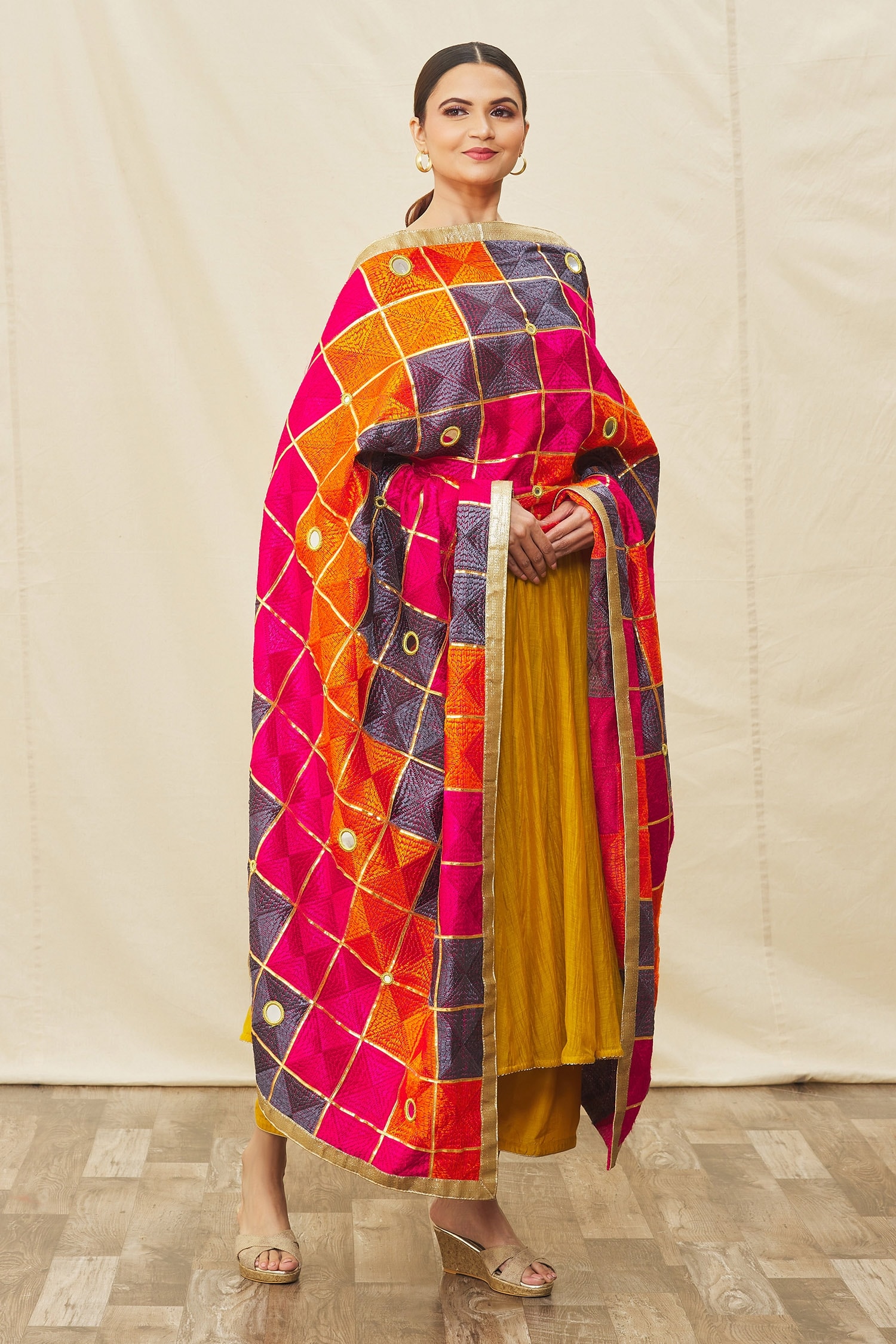 Buy Nazaakat by Samara Singh Multi Color Silk Phulkari Geometric Pattern Dupatta Online | Aza ...