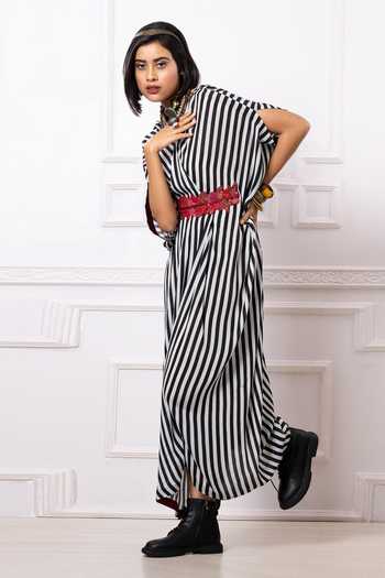 Buy Megha Garg Black Art Crepe Stripe Print Drape Kaftan Jumpsuit ...
