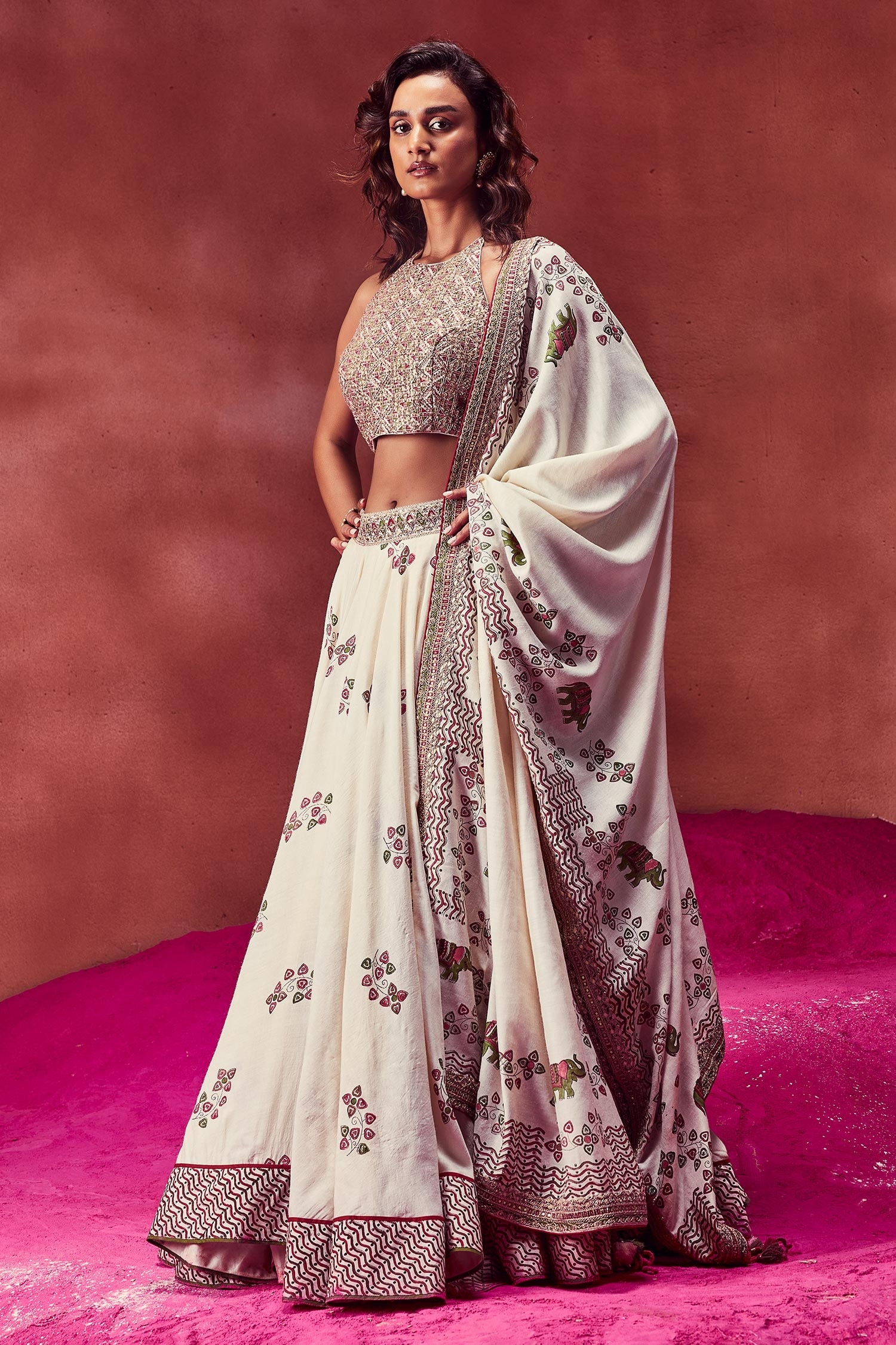Buy Ivory Printed And Embroidery Hand Block Halter Lehenga Set For ...