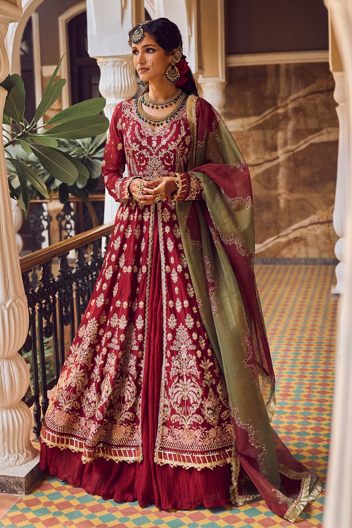 Buy Maroon Georgette Embroidery Zari V Neck Flower Bloom Anarkali ...