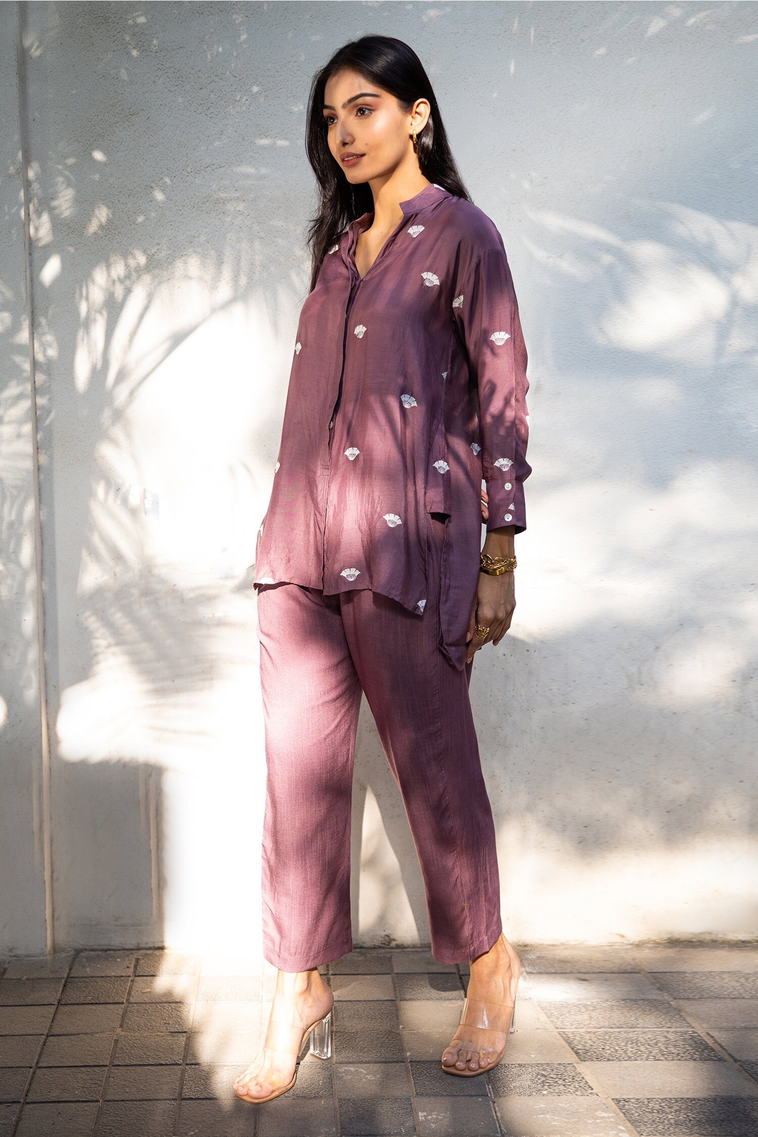 Buy Kapraaaha Purple Muslin Motif Embroidered Shirt Online | Aza Fashions