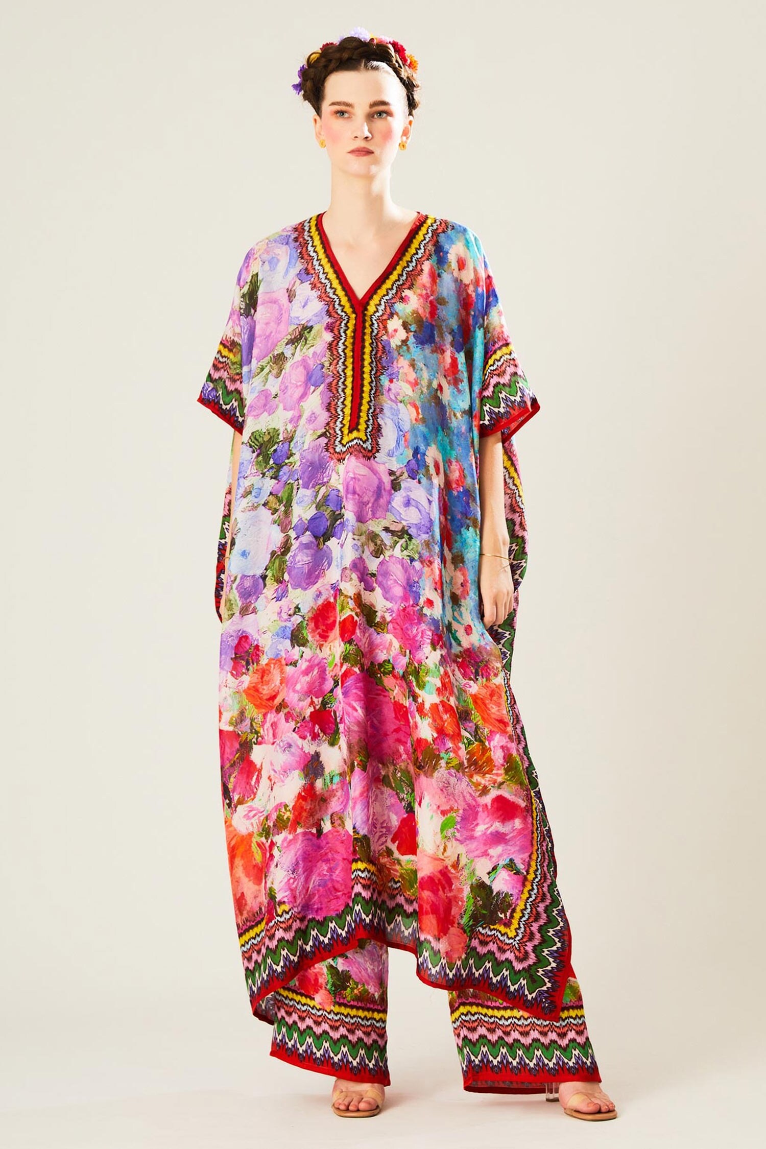 Buy Multi Color Silk Floral V Neck Kaliza Pattern Kaftan For Women by ...