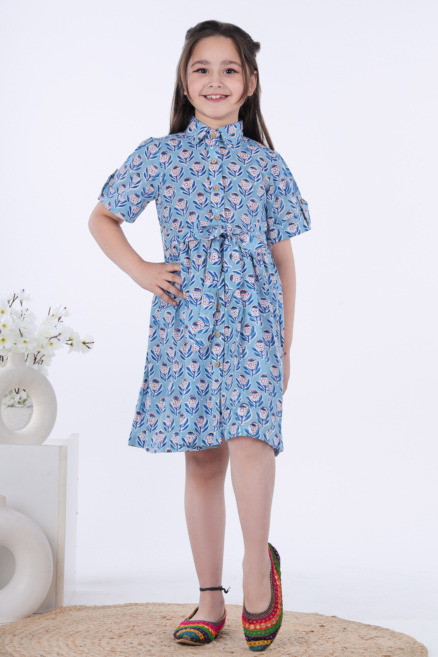 Buy Blue Cotton Printed Floral Fitoor Shirt Dress For Girls by Kalp ...