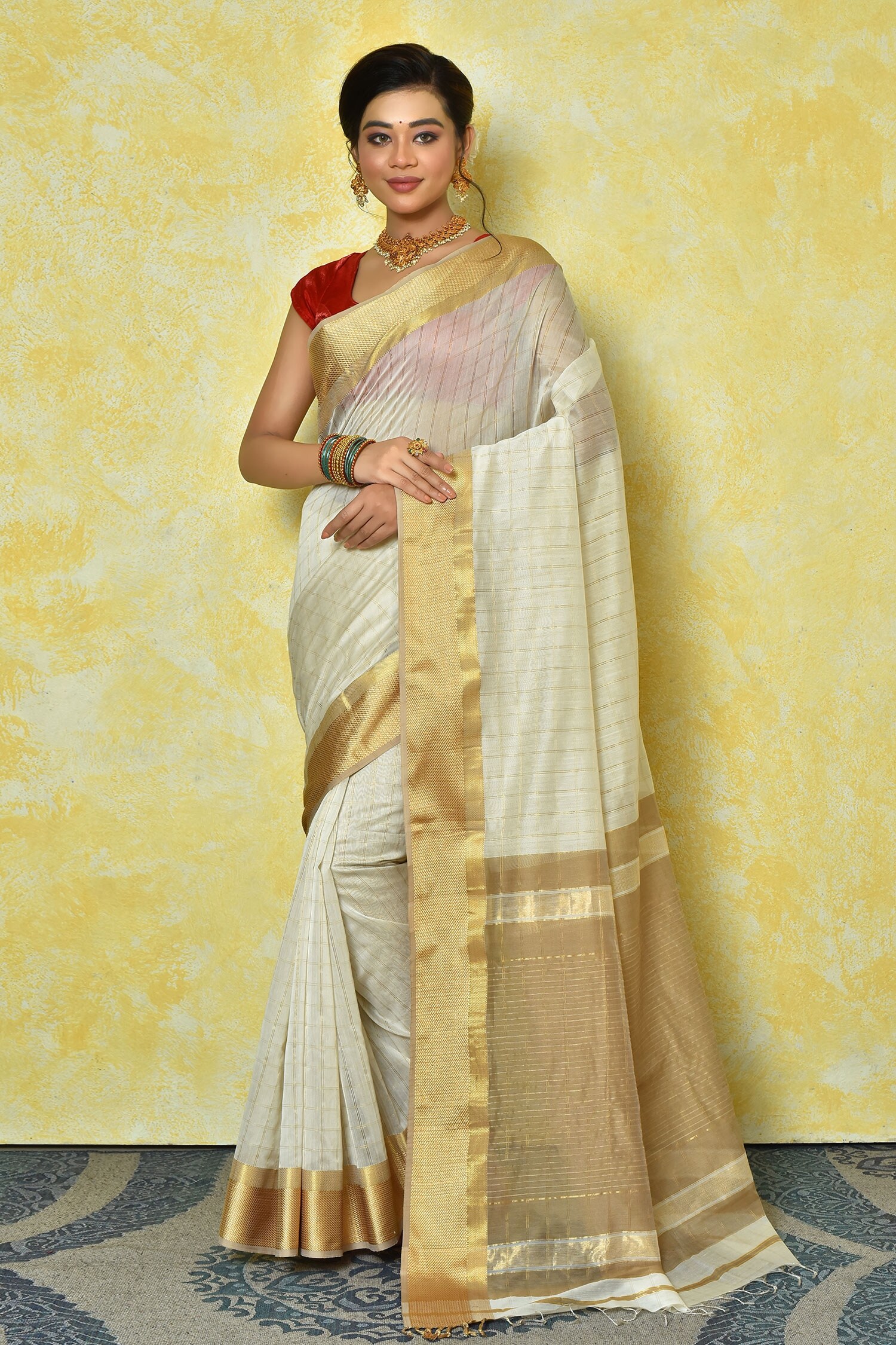Buy Off White Chanderi Woven Checkered Saree For Women by Nazaakat by ...