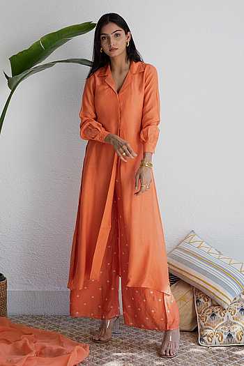 Buy Orange Muslin Embroidered Pant Floral Collared Front Slit Kurta ...