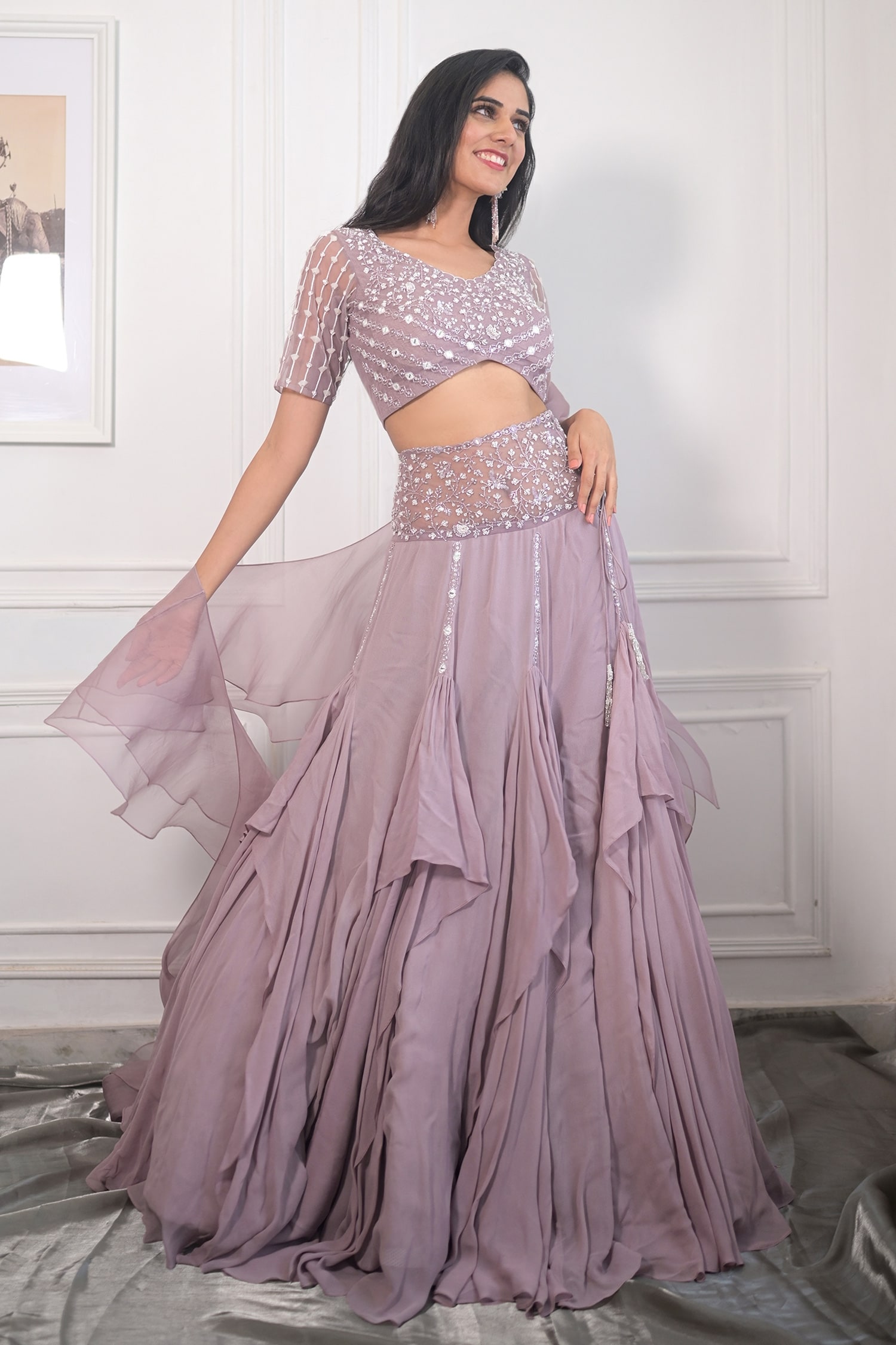 Buy Purple Lehenga Georgette Hand Embroidered Glass Blouse Godet Set ...