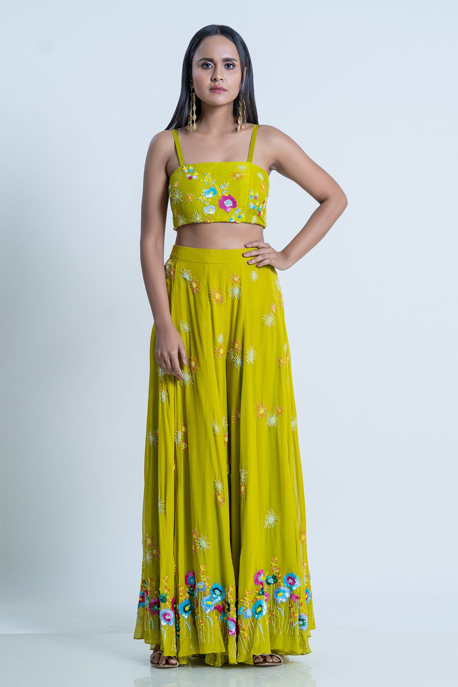 Buy Green Sharara: Organza Embroidery Floral Hand Bustier And Flared ...