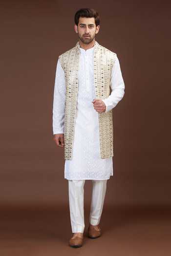 Buy Gold Georgette Embroidered Mirror Work Long Jacket For Men by ...