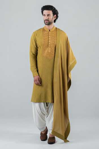 Buy Green Modal Embroidery Geometric Floral Kurta Set For Men by Punit ...